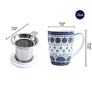 Bico Blue Talavera 12oz Porcelain Tea Mug with Infuser and Lid, Microwave & Dishwasher Safe