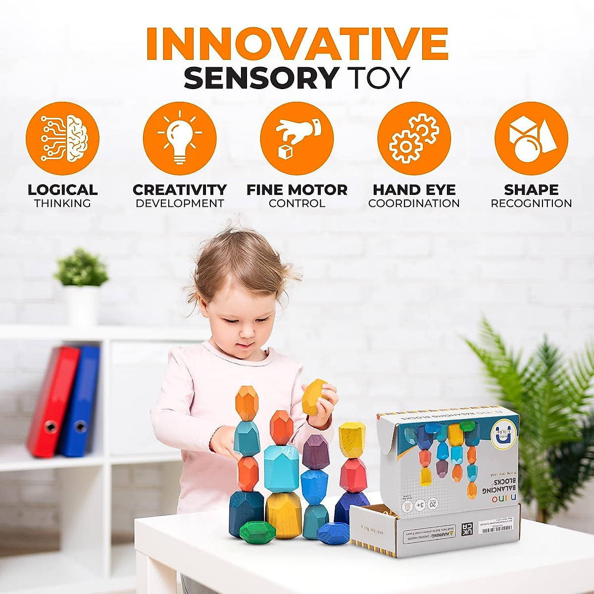 Niino 16 Pcs Wooden Blocks-Wooden Stone Balancing Blocks- Wooden Stacking Toys-Wooden Stones Building Blocks-Stacking Rocks-Colorful Natural Rainbow Stacking Sensory Toy… (20, Multicolor)