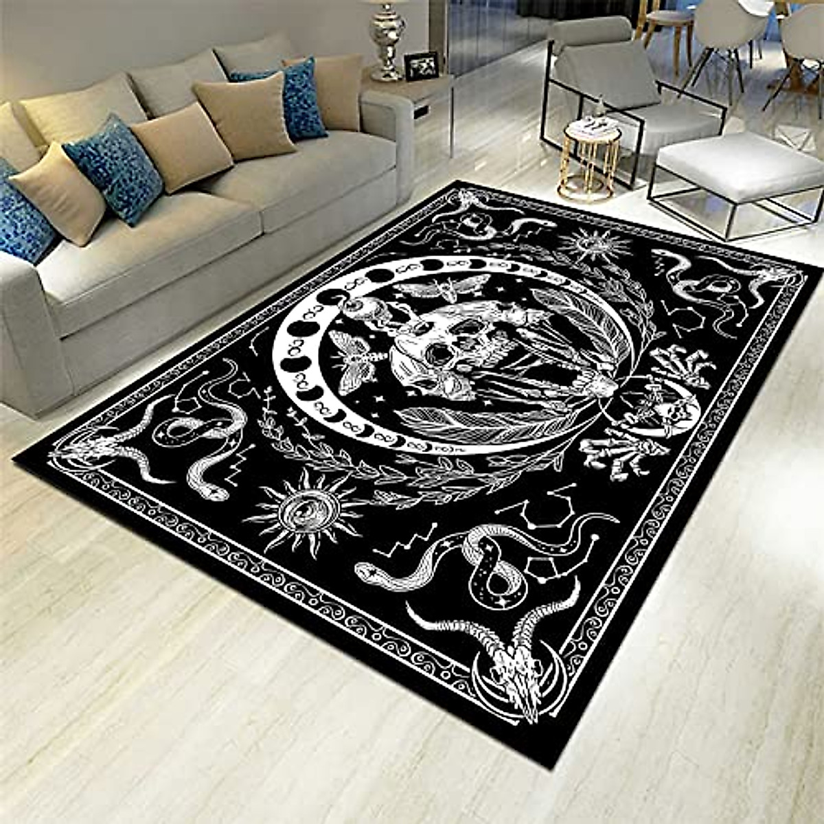 LGGQQW Skull Carpet Black and White Area Rug Snake Rug Moth Rug Trippy Skeleton Carpet Mandala Moon Phase Rug for Room Multicolor 63*90inch