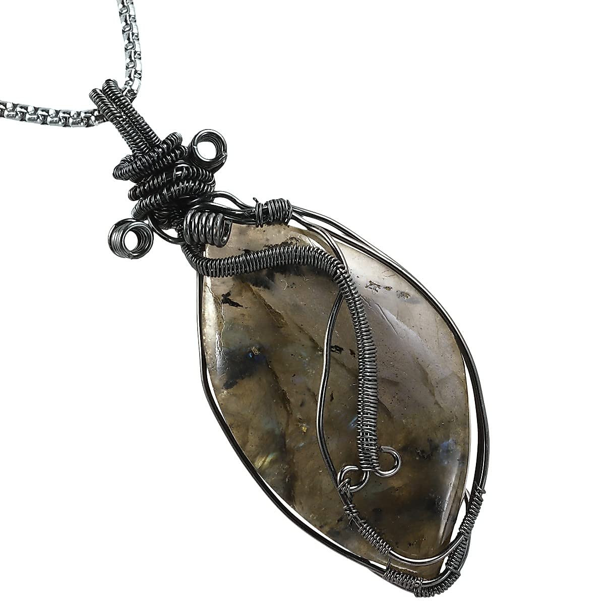 SUNYIK Natural Labradorite Pendant Necklace for Men Women, Irregular Handmade Wire Wrapped Crystal Necklace for Unisex