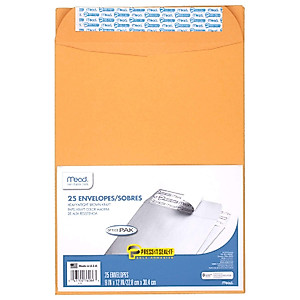 Mead Letter Size Mailing Envelopes, Press-It Seal-It Self Adhesive Closure, All-Purpose 24-lb Paper, 9" X 12", Brown Kraft Material, 25/Pack (76086)