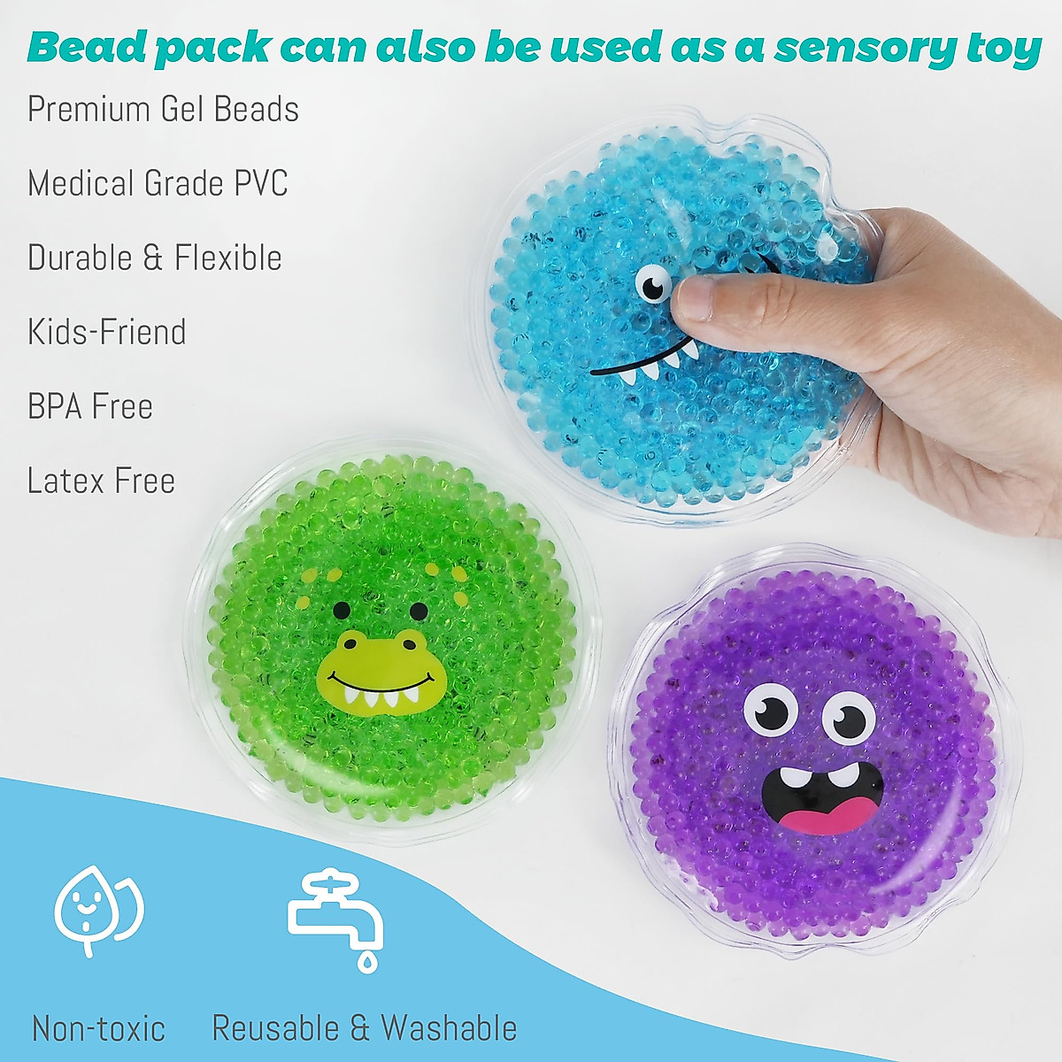 LotFancy Kids Ice Packs for Boo Boos, 3 Pack, Reusable Hot Cold Packs with Cute Plush Sleeves, Small Round Gel Beads Pads for Injuries, Headache, Fever, Wisdom Teeth, Pain Relief, 4.75”
