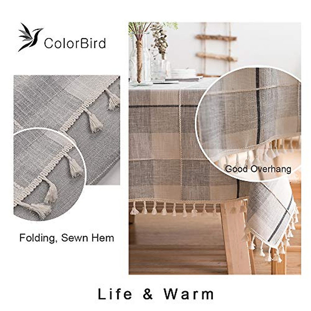 ColorBird Embroidery Checkered Tassel Tablecloth Heavy Weight Cotton Linen Plaid Dust-Proof Table Cover for Kitchen Dinning Tabletop Decoration (Rectangle/Oblong, 55 x 70 Inch, Gray/White)
