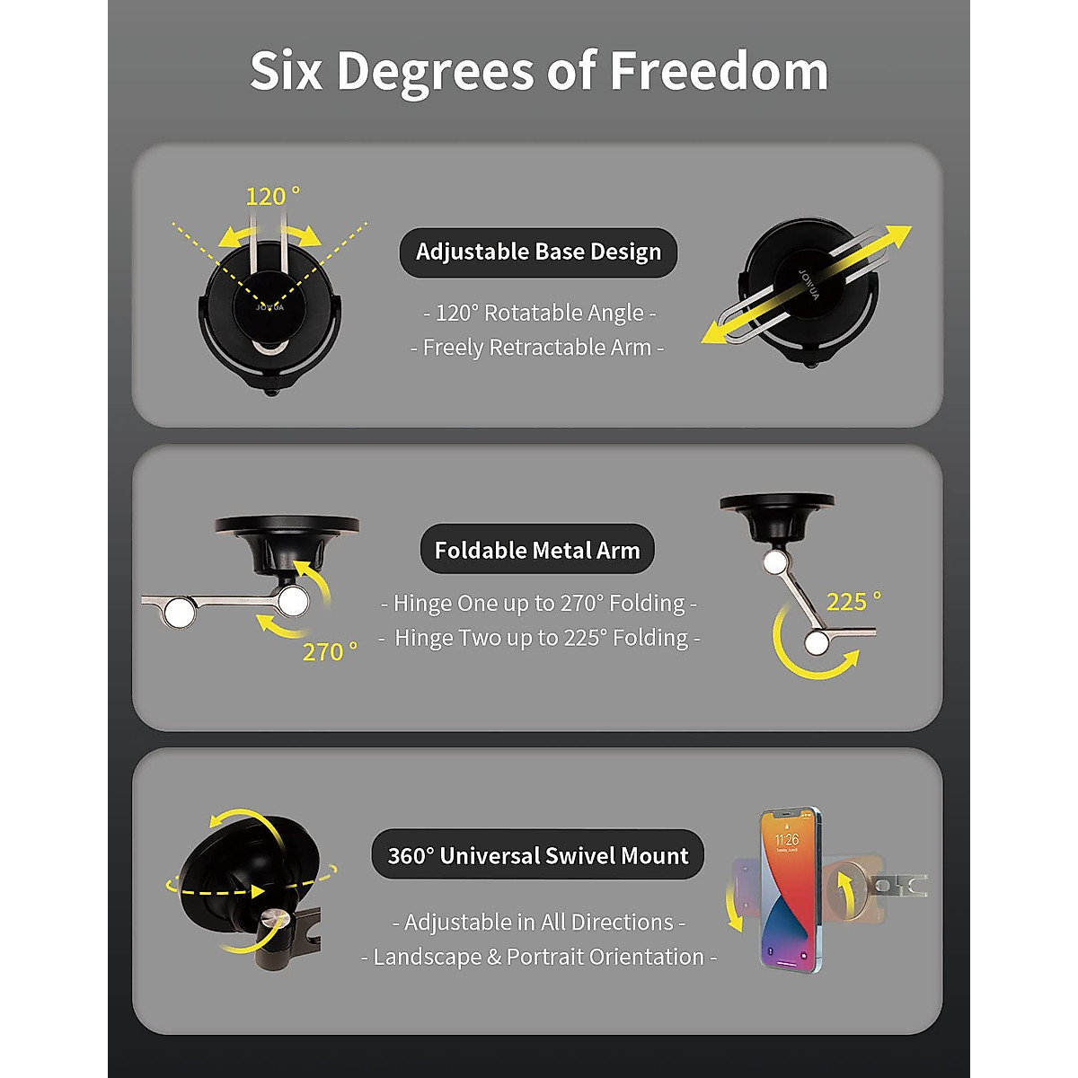 Jowua 6D Invisible Foldaway car Mount Compatible with magsafe, Compatible for Tesla Model 3/ Y, Model S/X Plaid (6D Suction Cup)