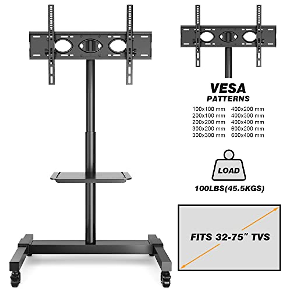 5Rcom Upgraded Rolling TV Stand, Sturdy TV Stand Mount with Locking Wheels for 32-75" Flat/Curved Panel Screens TVs, Height & Tilt Adjustable TV Floor Stand, Holds up to 100lbs