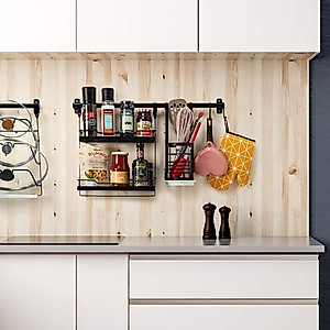 EZOWare Kitchen Wall Mount Utensil Holder Organizer Set, 23.6" Hanging Rail Rod, 2 Tier Foldable Spice Rack and 5 S Hooks for Hanging Spices, Condiments Pots, Pans, Lids, Utensils - Black