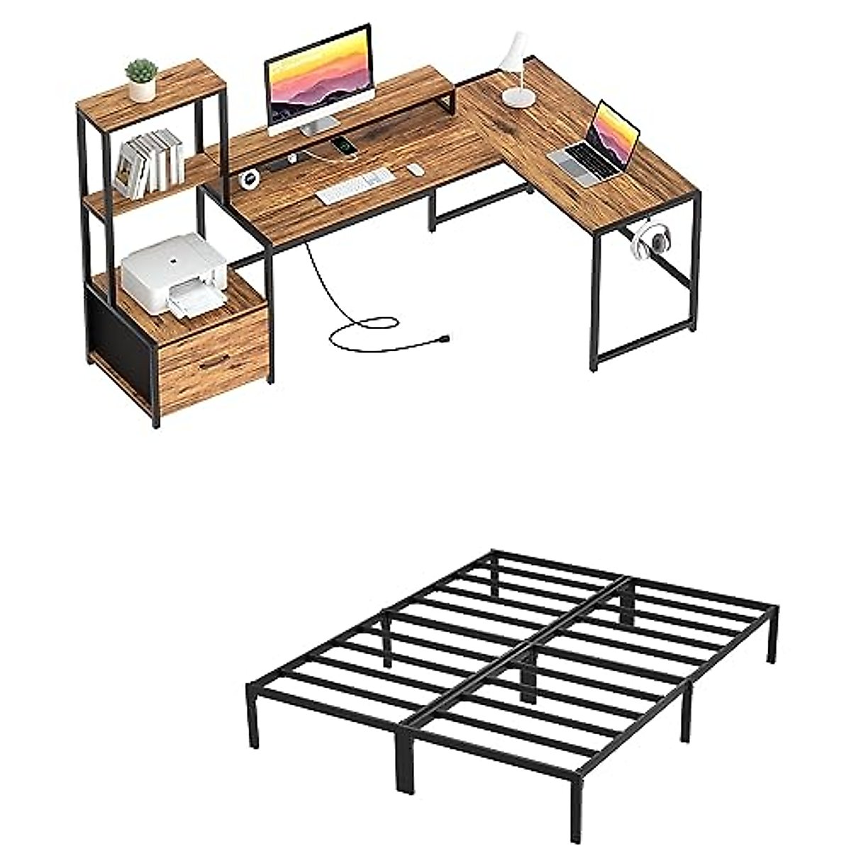 GreenForest 70 in L Shaped Desk with Drawers and Printer Stand and Queen Size Bed Frame Easy Quick Assembly