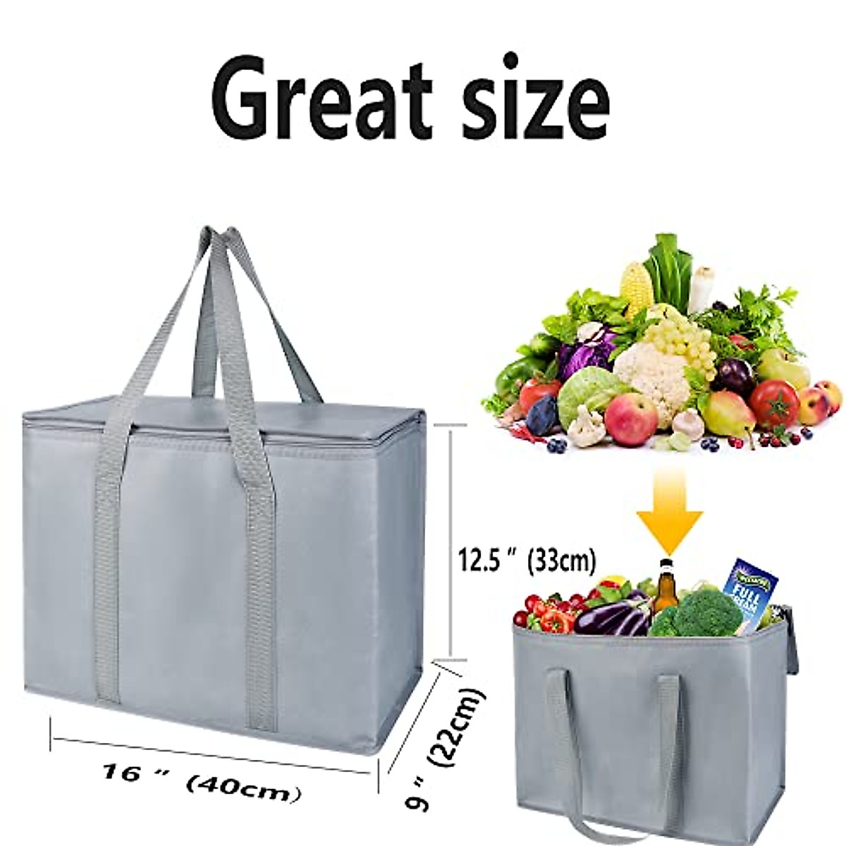 musbus insulated trunk organizer car cooler bag 4 packs XL-Large Insulated Grocery shopping bags, Reusable grey zipped zipper,Collapsible,tote,cooler,groceries,Recycled Material Warm Foldable
