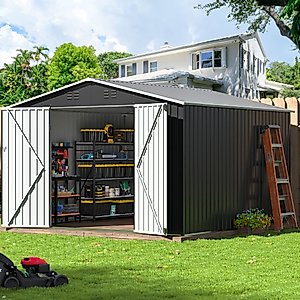 AirWire 10x10 FT Outdoor Storage Shed, Garden Shed with Updated Frame Structure and Lockable Doors, Metal Tool Sheds for Backyard Garden Patio Lawn, Grey
