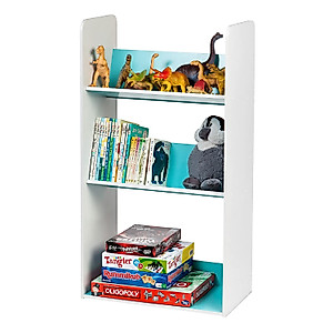 IRIS USA 3-Shelf Angled Bookshelf for Children, Short Inward Slant Bookcase Furniture for Kids Room Playroom Nursery to Safely Store and Organize Books Games Toys and Small Items, White and Blue