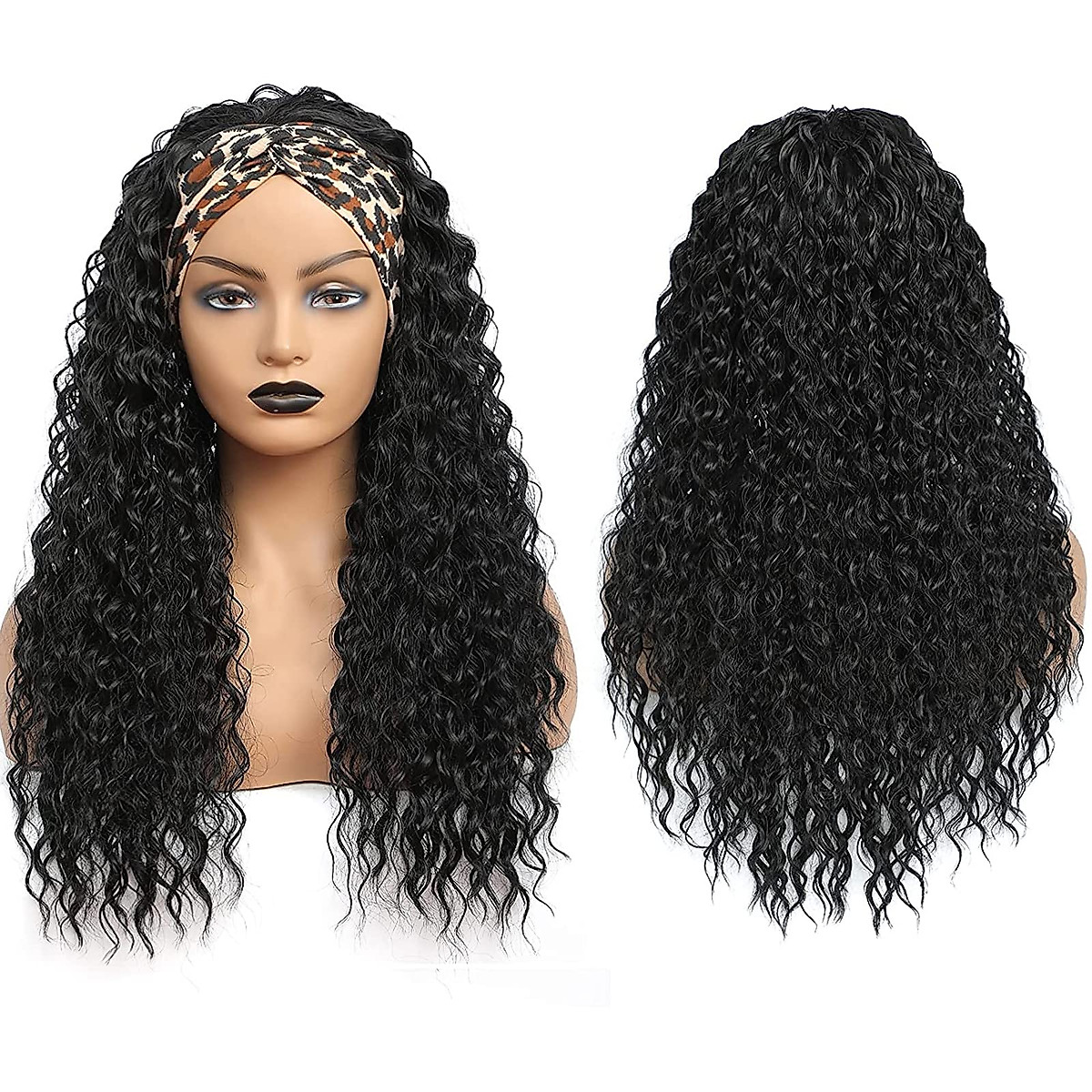 Headband Wig Water Wave Headband Wigs for Women Black Synthetic Curly Headband Wig 26 Inch Glueless Half Wig 180% Density Wigs with Headbands Attached Natural for Daily Use (26 Inch (Pack of 1), 1B)