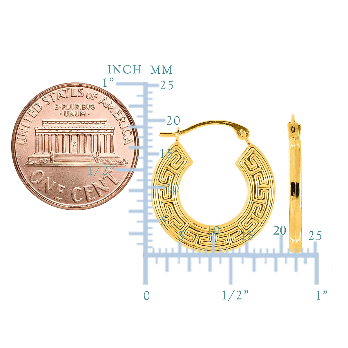 14K Yellow Gold Round Greek Key Hoop Earrings, Diameter 15mm