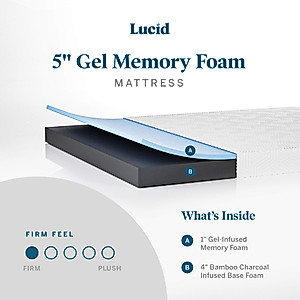 LUCID 5 Inch Memory Foam Bamboo Charcoal Mattress and 9 Inch Steel Foldable Queen Box Spring Foundation with Center Support Bolts and Cover