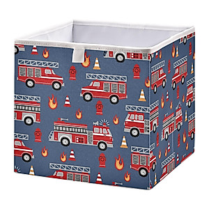 Emelivor Cartoon Fire Truck Cube Storage Bin Fabric Storage Cubes Large Storage Baskets for Shelves Collapsible Cube Organizer Bins for Nurseries Shelves Offices Closets Home Decor,11 x 11inch