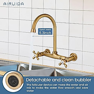 Airuida Antique Brass Wall Mount Kitchen Sink Faucet, Wall Mounted 8 Inches Center Faucet, Wall Mounted Commercial Kitchen Faucet, 360 Degree Swivel Spout Mixer Commercial Tap with Female Thread