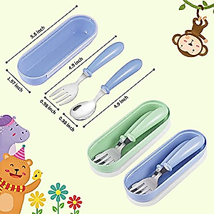 Kirecoo 4 Pieces Toddler Utensils Stainless Steel Baby Forks and Spoons Silverware Set Kids Silverware Children's Flatware Kids Cutlery Set with Travel Carrying Cases for Lunch Box (Blue＆Green)