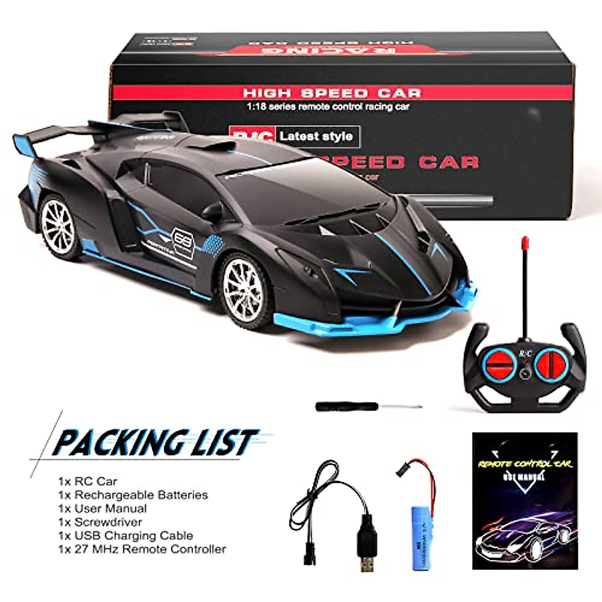 KULARIWORLD Remote Control Car for Boys Fast 1/18 Scale Rechargeable RC Vehicle Cars Toys Xmas Gifts for Kids High Speed with Headlights (Black Blue)