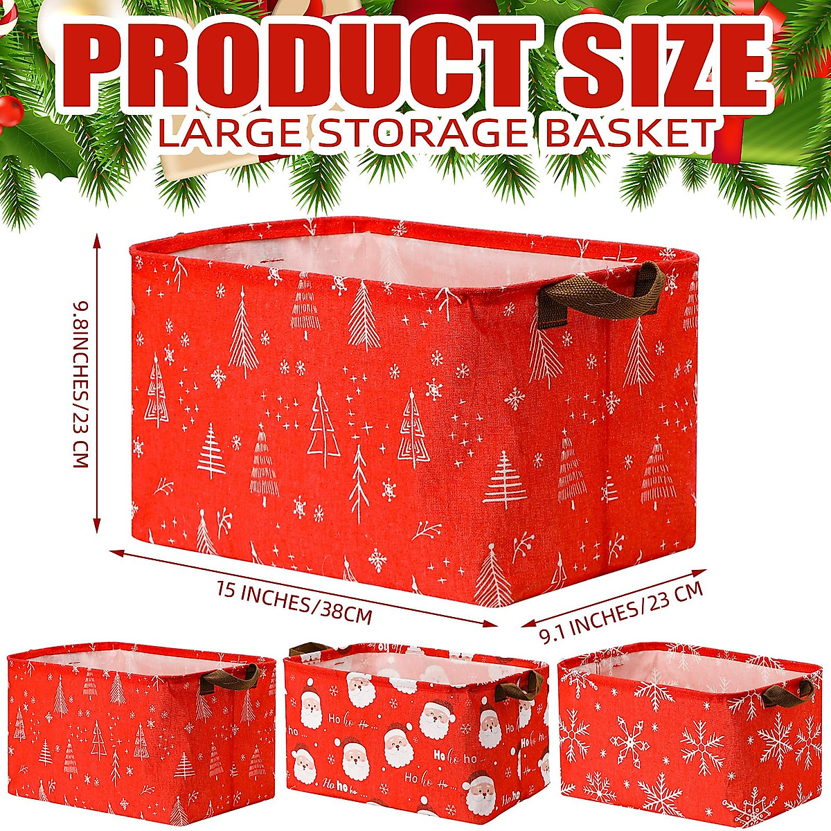 Layhit 3 Pcs Christmas Storage Bins Large Foldable Christmas Basket with Handles Xmas Tree Santa Snowflake Storage Boxes Fabric Collapsible Red Storage Basket for Cloth Toy Book Storage
