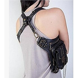 Wendingstan Rock Leather & Vintage Gothic Retro Steampunk Handbag Victorian Style Shoulder Waist Bag Black, Medium