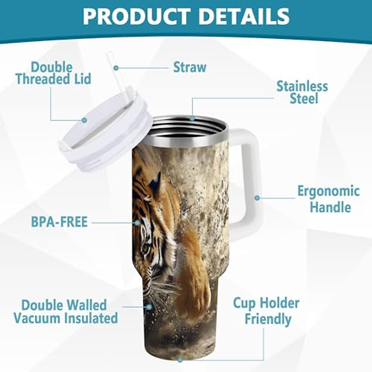 Jihqo Hunting Tiger 40 oz Stainless Steel Vacuum Insulated Tumbler with Handle and Straw Lid, Leakproof Water Bottle Double Wall Travel Mug Coffee Cup, Cupholder Friendly