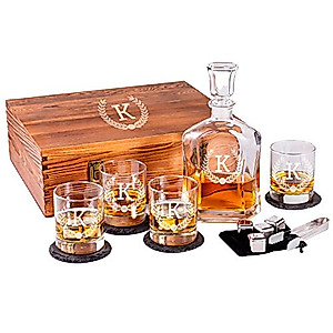 Personalized Whiskey Decanter Set for Men - 9 Design Options - Engraved Liquor Decanter Sets with Scotch Glasses - Gift Set for Him, Dad - Premium Set Includes Whiskey Stones - by Froolu