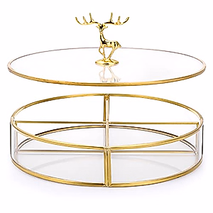 ELLDOO Gold Round Glass Candy Box, Vintage Clear Glass Lidded Box Storage Box with 4 Grids and Deer Handle for Jewelry Trinket Makeup Table Organizer