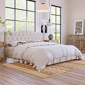 GERDIOEB Queen Full King Size Bed Frame, Upholstered Platform Bed with Saddle Curved Headboard & Diamond Tufted Details, Wood Slat Support, No Box Spring Needed for Bedroom Boys Girls, Beige (King)