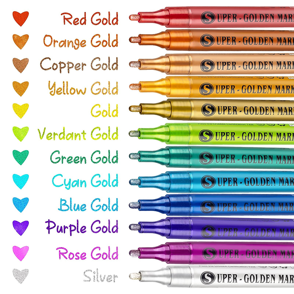 SAKEYR Super Golden Metallic Paint Markers, 12 Colors Sparkle Metallic Glitter Markers, Acrylic Paint Pens for Rock Painting, Glass, Wood, Fabric, Black Paper, Cards, Scrapbook, DIY Art Crafts (2-3mm)