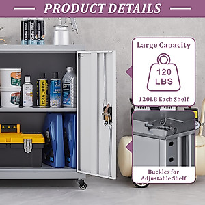 LUCYPAL Garage Storage Cabinet with Lockable Doors, Metal Storage Cabinet with Adjustable Shelf, Tool Cabinet with Wheels for Garage Office Home, Kitchen,Living Room,Grey