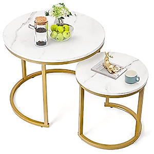 SMOOL Modern Nesting Coffee Table Set of 2 for Living Room Balcony Office, Round Wood Accent Side Coffee Tables with Sturdy Metal Frame, Easy Assembly(Marble)