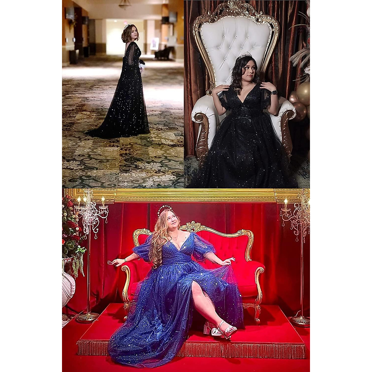 Xijun Women's Puffy Sleeve Prom Dresses with Slit Sparkle Starry Tulle Black Corset A Line Half Sleeve V-Neck Tea Length Formal Party Gowns US8