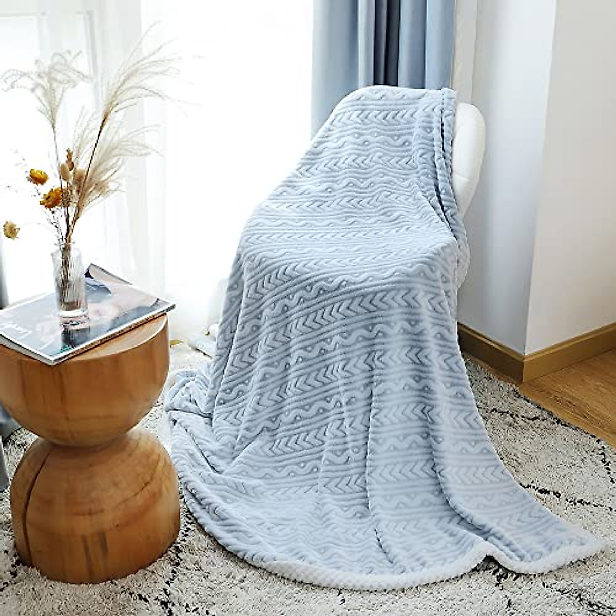 Cozy Fluffy Stripe Plaid Fleece Fuzzy Sherpa Throw 60 * 80 Inch, Super Soft Warm Plush Snuggle Sofa Couches Bed Blanket, Light Blue