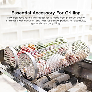 BLOOPIC BBQ Grilling Basket Grilling Accessories Camping Essentials Stainless Steel Wire Mesh Cylinder Outdoor Camping Picnic Round Rack Cookware Tool Cooking Large 1PCS (12.24 X 3.78 X 3.74 inch)