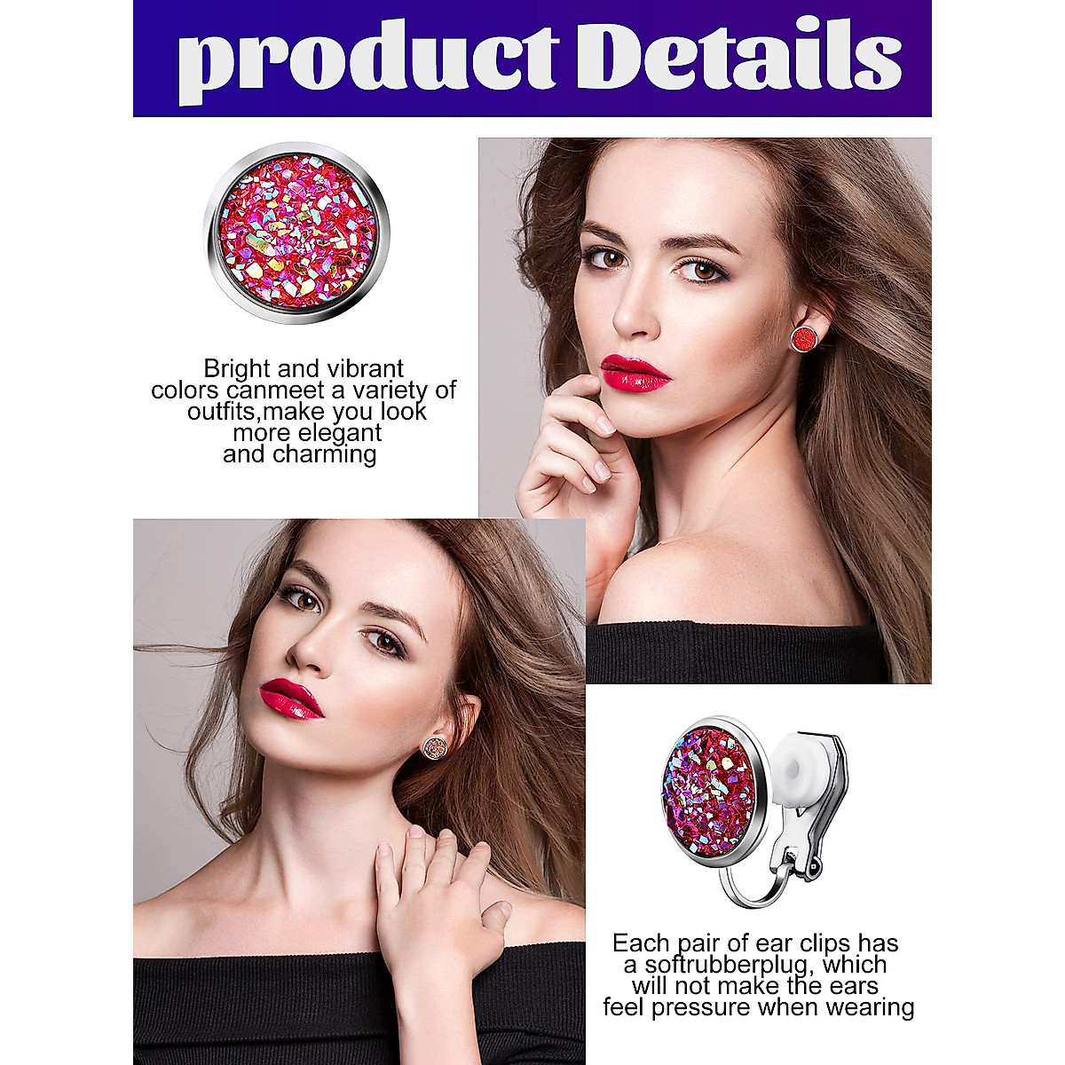 32 Pairs Clip on Earrings for Women Clip on Stud Earrings Bohemian Round Faux Druzy Earrings Ear Clip Stainless Steel Earrings Jewelry for Women(Clip-on Style)