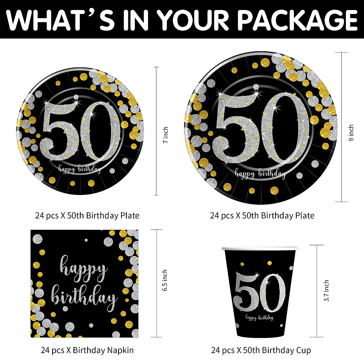 HIPVVILD Happy 50th Birthday Plates And Napkins Party Supplies Men Women - 50th Birthday Decorations Party Tableware, Plate, Cup, Napkin, 50 Year Old Birthday Table Decorations Dinnerware | Serve 24