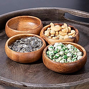 Glaver's Natural Acacia Wooden Bowls Hand-Carved Calabash Dip Tray Bowl S/4 Ideal for Appetizers, Dips, Sauce, Nuts, Candy, Olives, Seeds, Desserts and More. (Round)