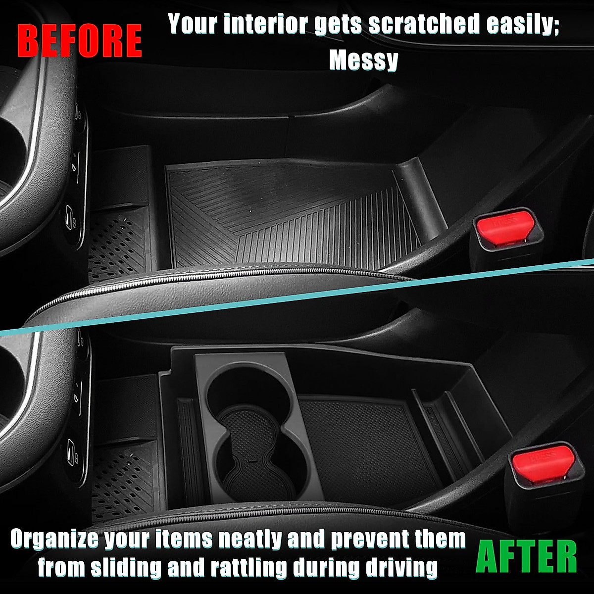 BestEvMod for Ioniq5 Lower Center Console Organizer Cup Holder Tray Storage Box Accessories with Rubber Black Trim Compatible with Hyundai Ioniq 5 2022-2024 Accessories (Lower Tray-cup holder style)