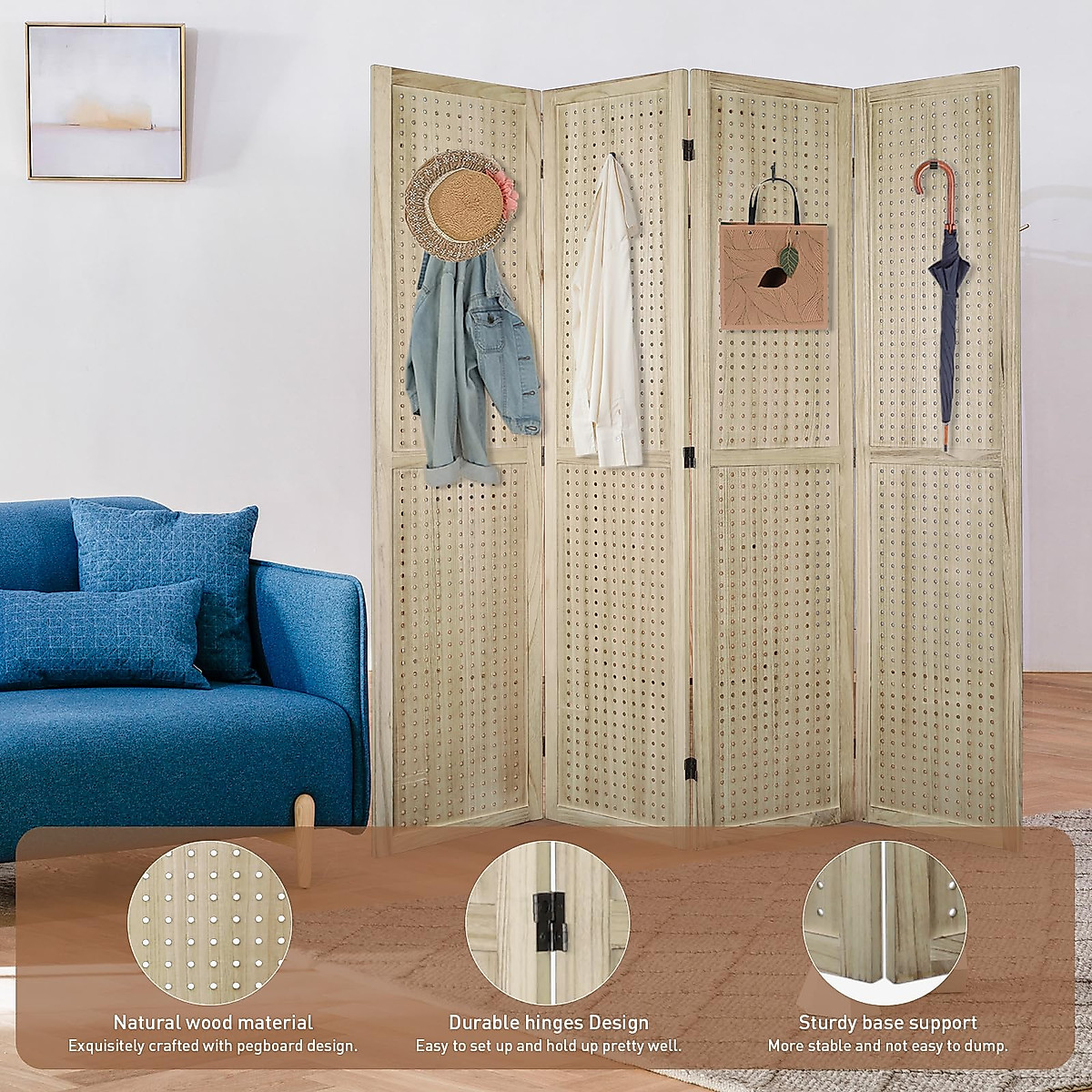 ECOMEX 4 Panel Room Divider, 5.6Ft Pegboard Display Wooden Room Divider Folding Privacy Screen Room Divider Freestanding Peg Board Display for Trade Show Craft Show Home Wall Organizer, Natural Wood