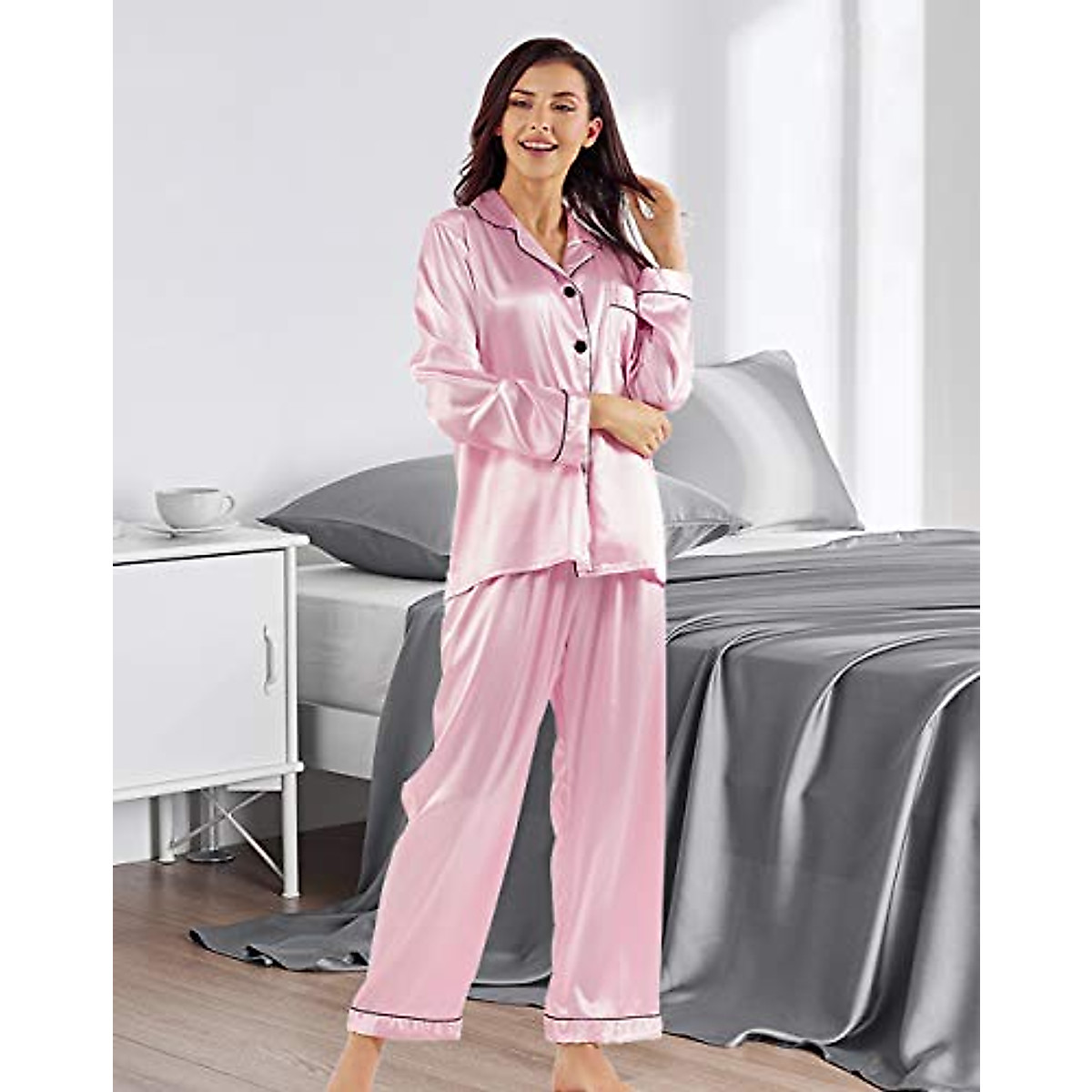 GAESHOW Women Silk Pajamas Set Long Sleeve Ladies Satin PJ Sets Button-Down Pajama Sleepwear Loungewear S~XL Pink
