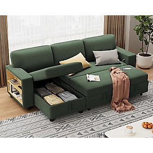 Flamaker 80" Sleeper Sofa, Sofa Bed with Built-in Large Storage and 2 Bookshelves, Convertible Sectional Sofa Couch, Pull Out Couch with USB, Modern Couches for Living Room (Corduroy, Green)