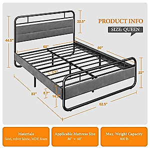 Yaheetech Queen Size Bed Frame, Heavy Duty Metal Platform Bed with Curved Upholstered Headboard, 8.7 Inch Under-Bed Storage/Steel Slat Support/Noise Free/No Box Spring Needed/Easy Assembly/Dark Grey