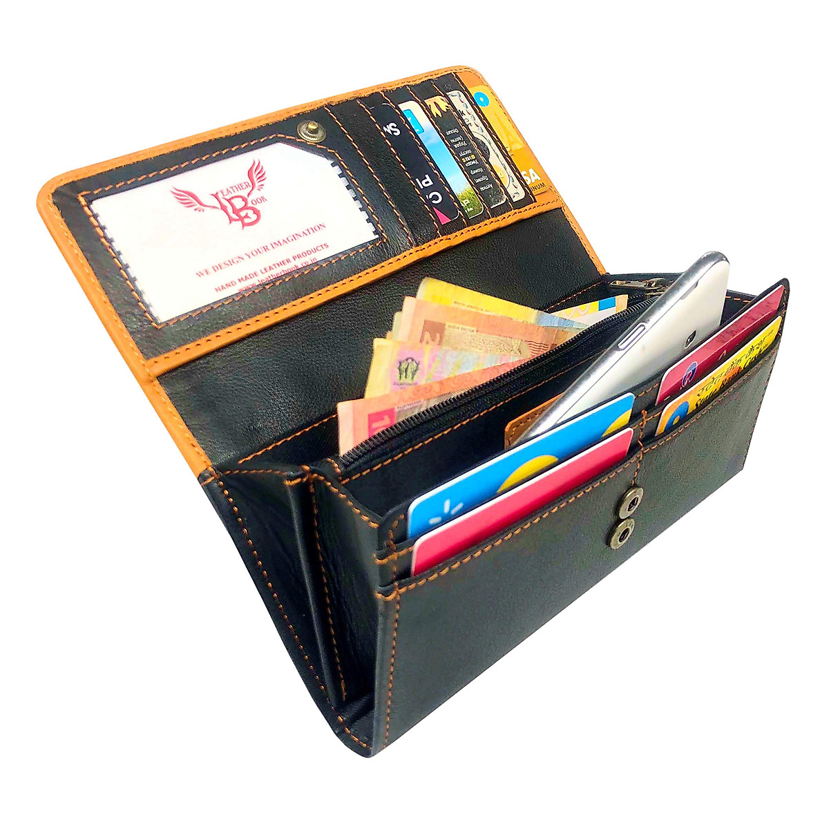 Leather Book® LW-1802 TAJ Leopard Ladies Wallet|11 card slots|1 card window|4 slide pockets|1 zip compartment pocket| 1 back silver metal zip pocket | Black, Tan Cowhide & Jersey leopard Print Leather