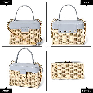 Like Dreams Small Summer Bag for Women Woven Straw Crossbody Vegan Leather Top Handle Plaid Inner Purse (Soft Blue)