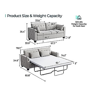 LINSY HOME Pull Out Sofa Bed, Queen Sleeper Sofa Couch with Memory Foam Mattress, Large Sofa Sleeper Pullout Couch Bed for Living Room Office, Grey, Queen Size