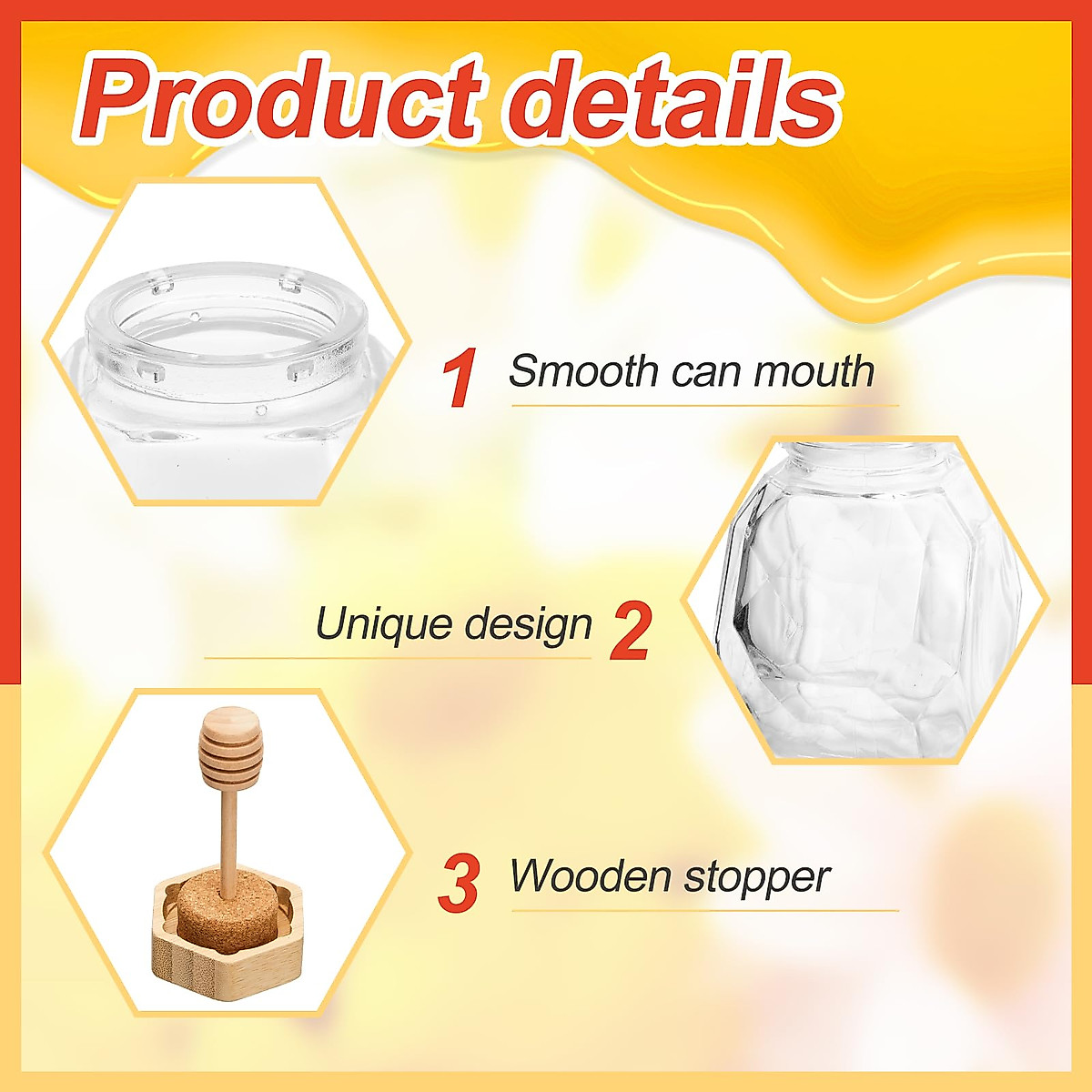 Umigy 2 Pcs 8 oz Glass Honey Dispenser with Wooden Spiral Drip Dipper Clear Hexagon Shape Small Honey Container with Dipper and Lid for Home Storage Syrup Kitchen