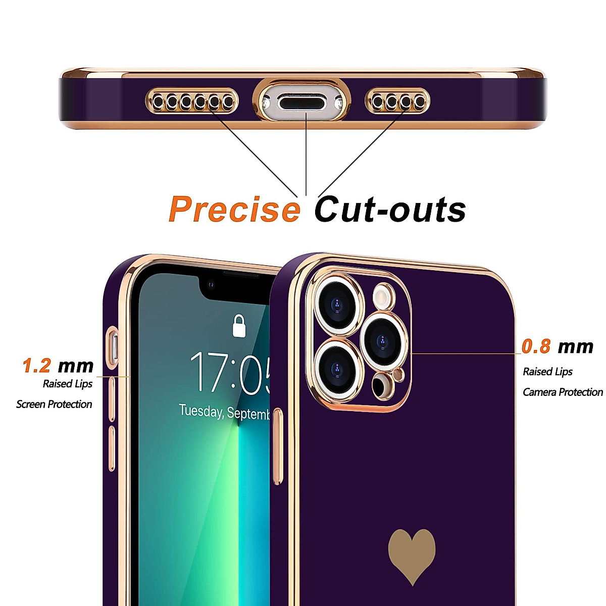 Teageo Compatible with iPhone 13 Pro Max Case for Girl Women Cute Love-Heart Luxury Bling Soft Cover Raised Camera Protection Bumper Silicone Shockproof Phone Case for iPhone 13 Pro Max, Dark Purple
