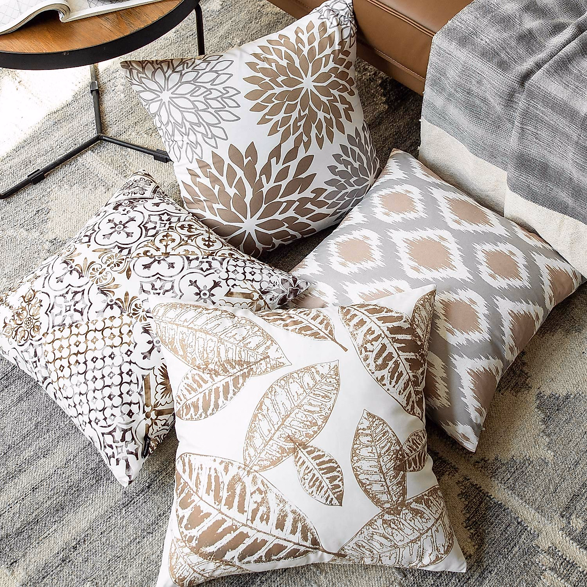 Phantoscope Set of 4 New Living Series Fall Leaf Geometric Coffee Throw Decorative Pillow Cover Cushion Cover 18 x 18 inches 45 x 45 cm
