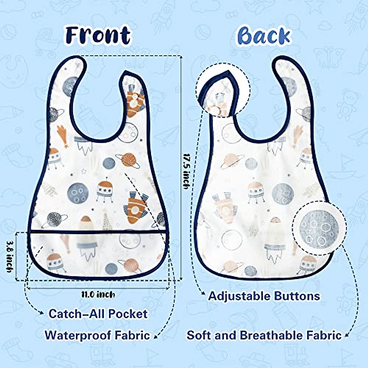 R HORSE 5Pcs Baby Bibs Set Toddler Bibs with Crumb Catcher Pocket & Snap Button Adjustable Outer Space Pattern Waterproof Baby Feeding Bibs for Baby Boys Girls 6-24 Months