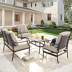 PatioFestival Patio Conversation Set 4-Piece Cushioned Outdoor Furniture Sets with All Weather Frame for Porch Backyard Lawn(Beige)