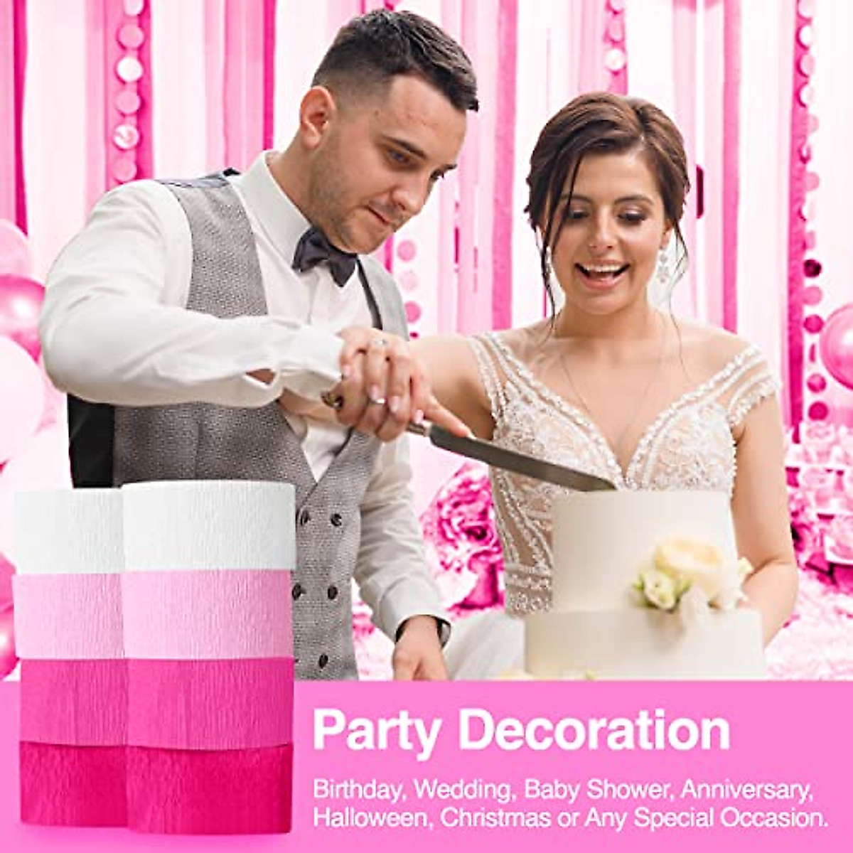 Pink Crepe Paper Streamers, Pink Party Decorations - 8 Large Rolls, 2in x 120ft Each Roll - Decorative Creped Roll for Birthday, Festival, Wedding, Backdrop or Photo Booth Decoration and Flower Making